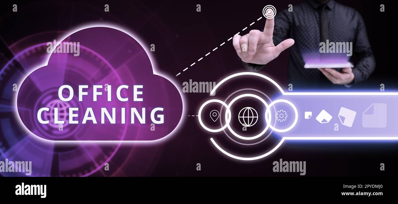 Sign displaying Office Cleaning. Business overview the action or ...