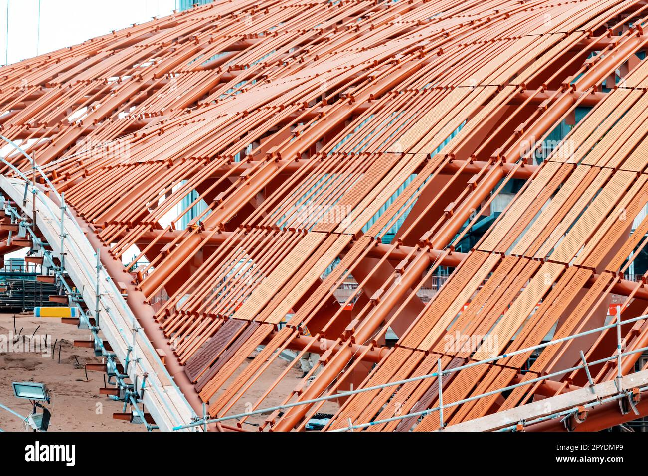 Metal construction with frame steel architecture. Assembly of roof ...