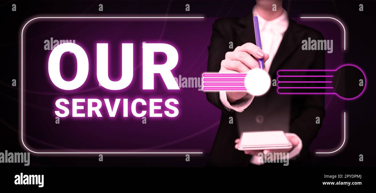 Handwriting text Our Services. Word for The occupation or function of serving Intangible ...