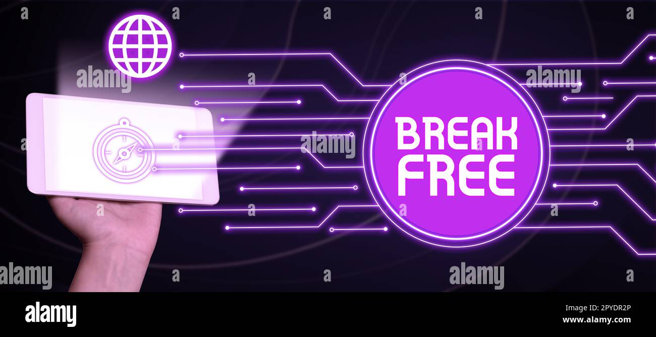 Text caption presenting Break Free. Concept meaning another way of ...