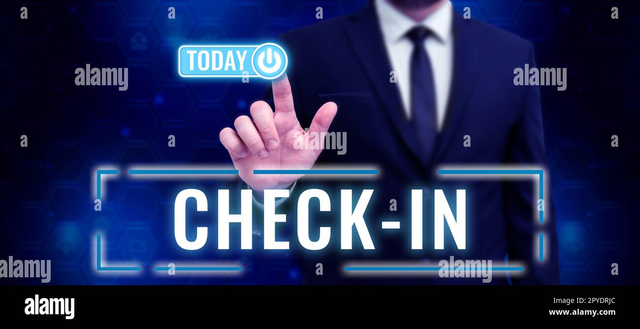 Text caption presenting Check In. Word Written on Procedure by which an ... Text caption presenting Check In. Word Written on Procedure by which an ...