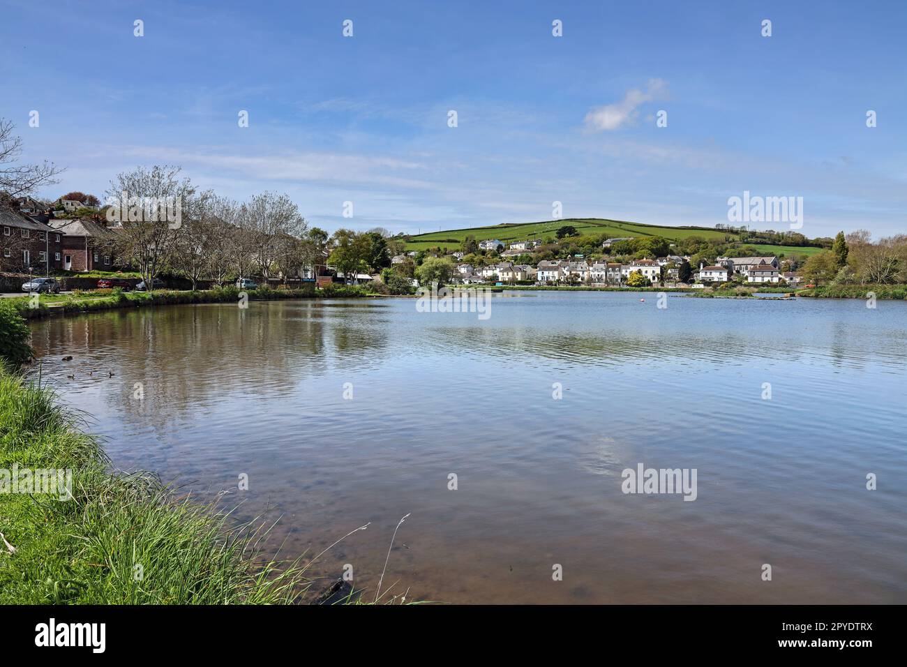 Millbrook seen over the Millbrook Lake in south east Cornwall Stock ...