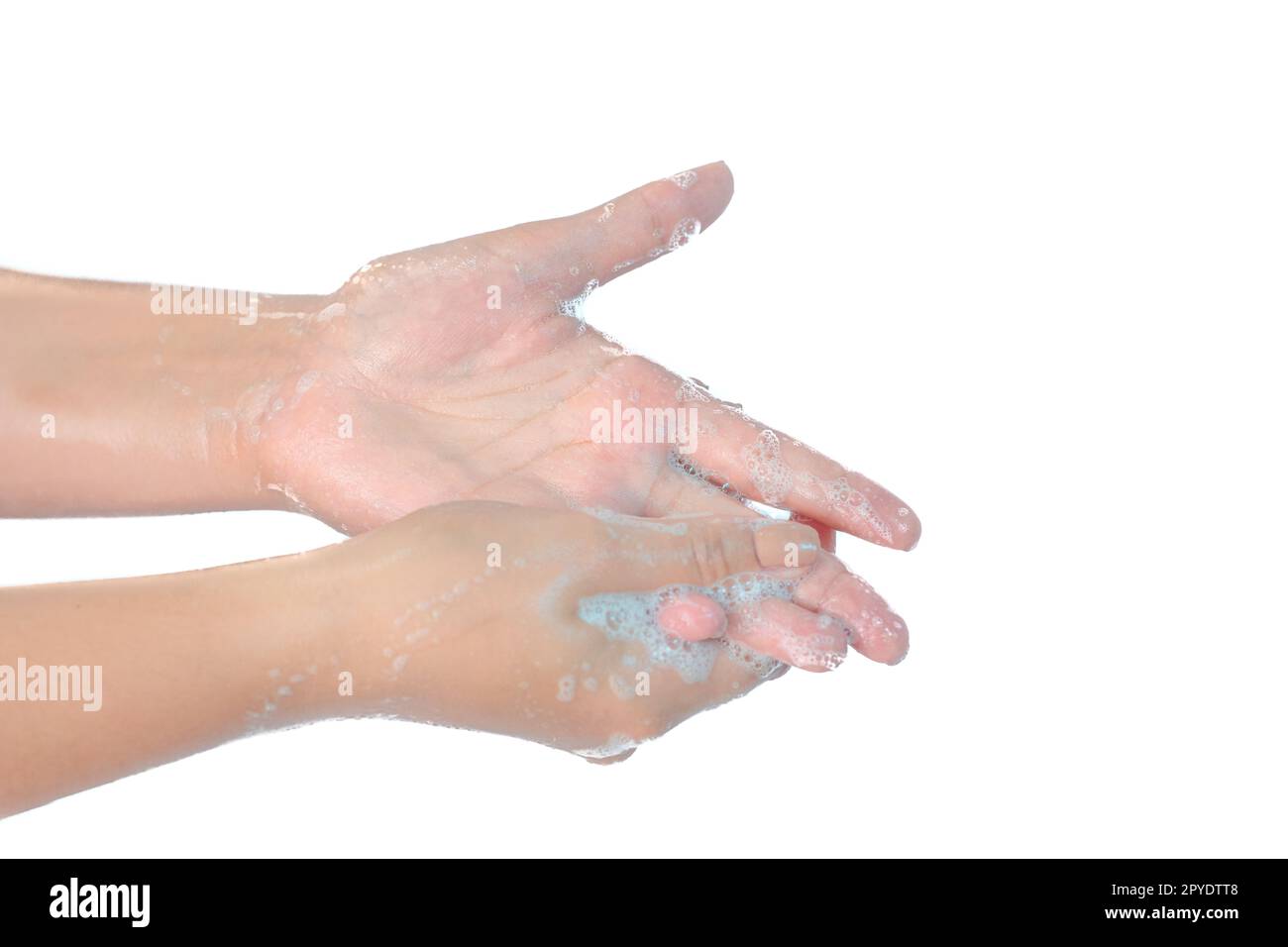 Close up of washing hands with soap isolated on white background ...