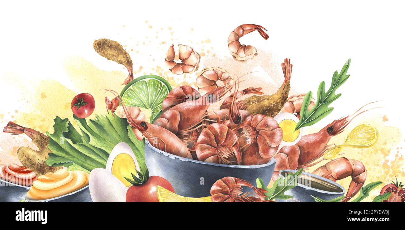 Shrimps boiled, peeled, in batter, in ceramic dishes with sauces and ...
