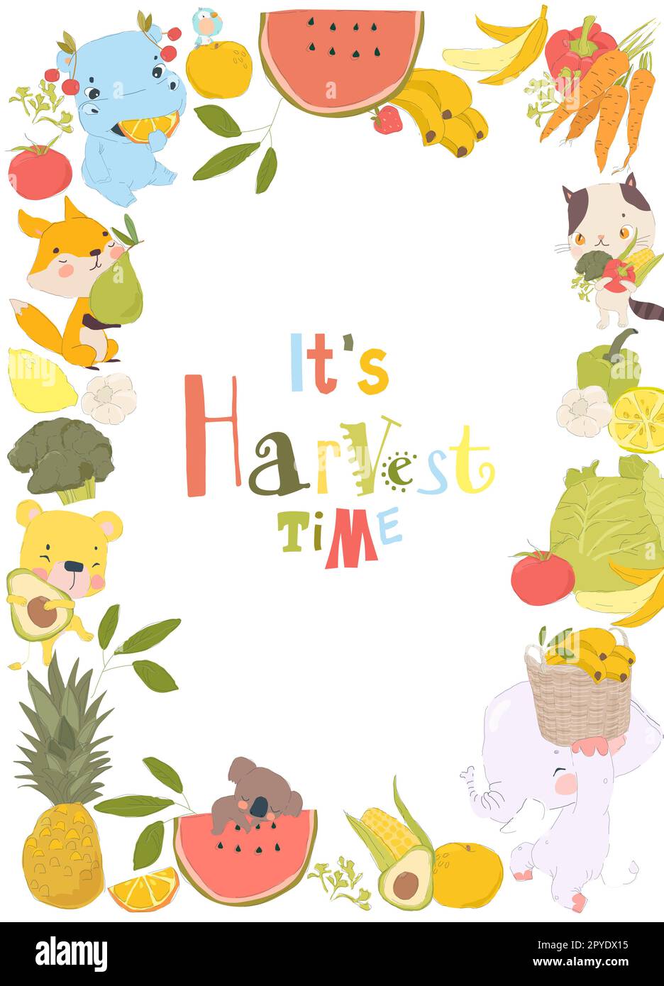 Cute Cartoon Frame with Animals with Fruits and Vegetables Stock Vector ...