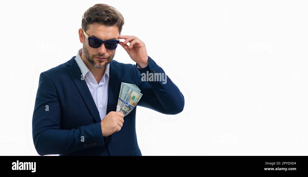 Man in suit with money cash. Dollar banknotes. Portrait of man holding ...