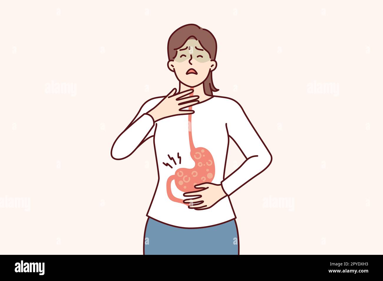 Sick woman with symptoms of gastroesophageal reflux or gastritis ...