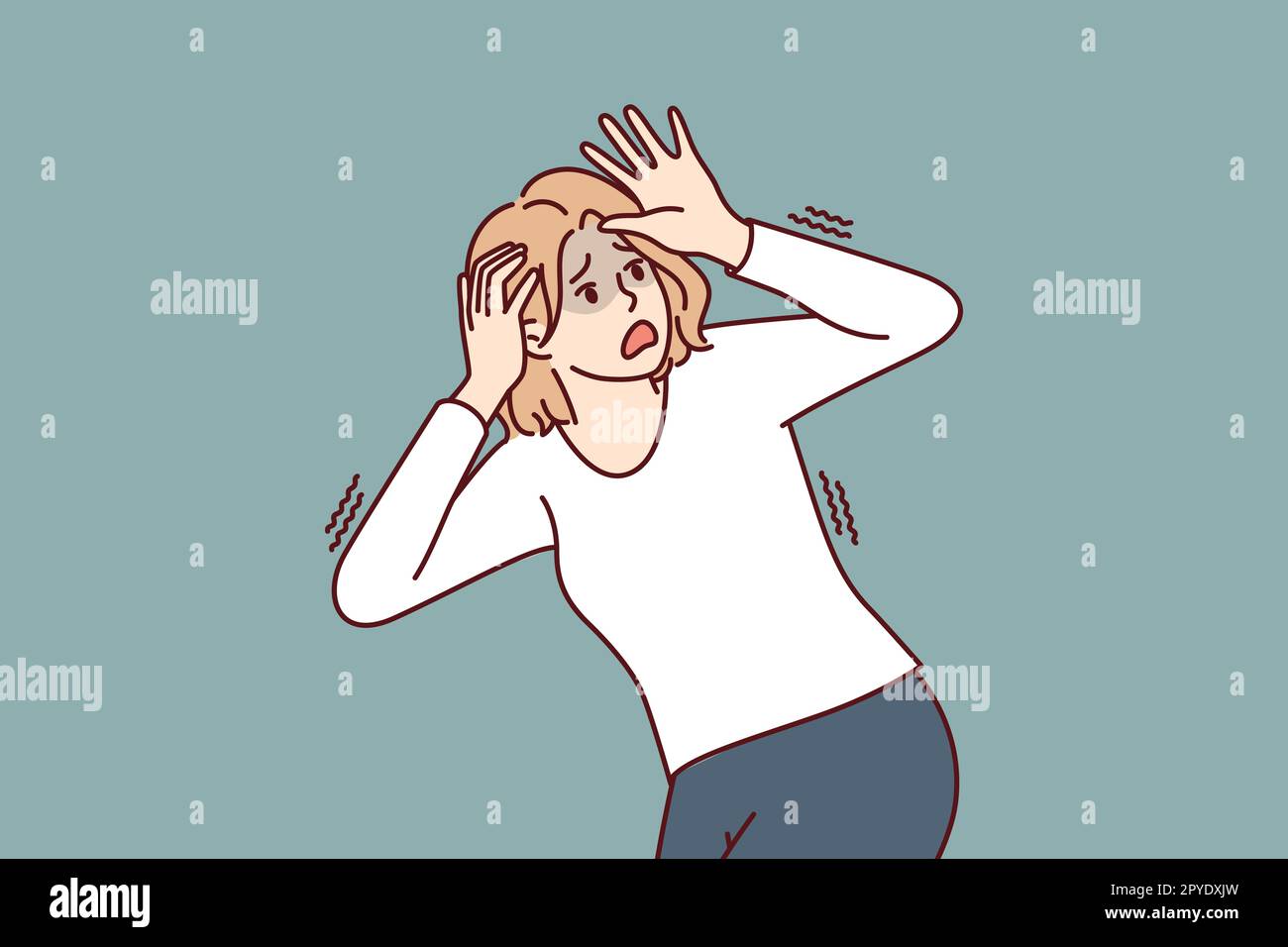 Frightened woman panicking and trying to dodge covering head with hands ...