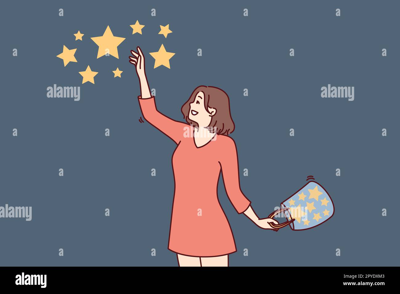 Happy woman collects stars from sky and folds bag for metaphor for ...
