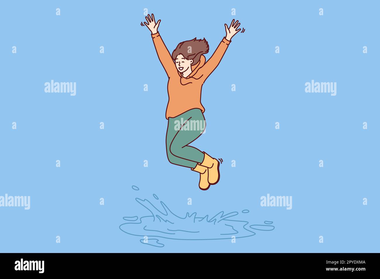 Happy woman jumping in puddle enjoying first autumn rain after hot ...
