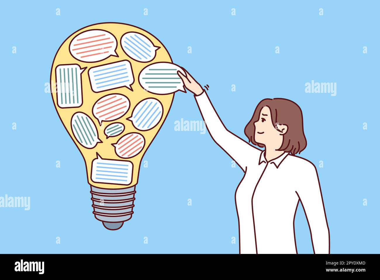 Businesswoman near light bulb with stickers in form dialogue bubbles ...