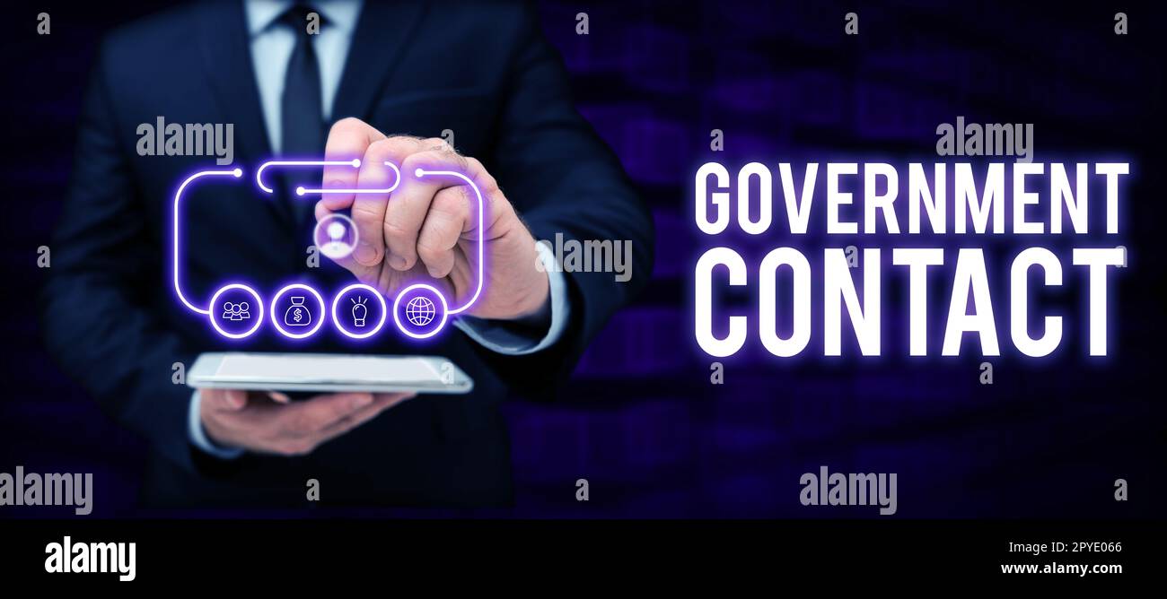 Hand writing sign Government Contact. Business approach debt security ...