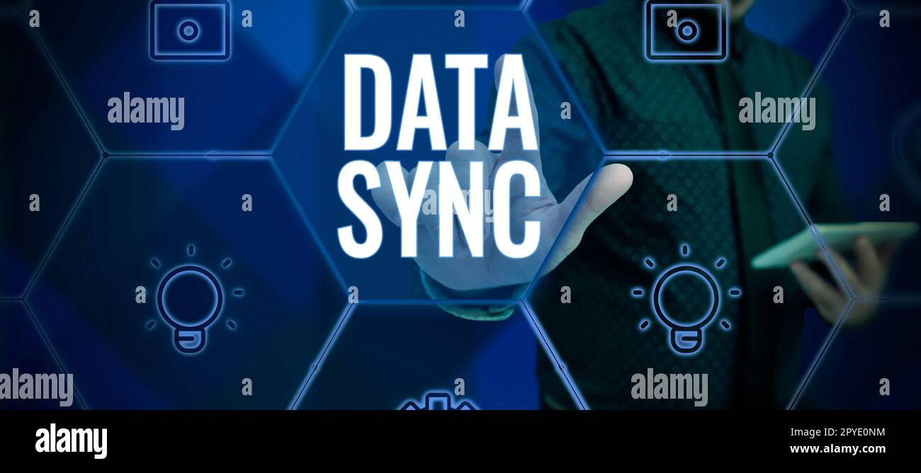 Writing displaying text Data Sync. Concept meaning data that is continuously generated by ...