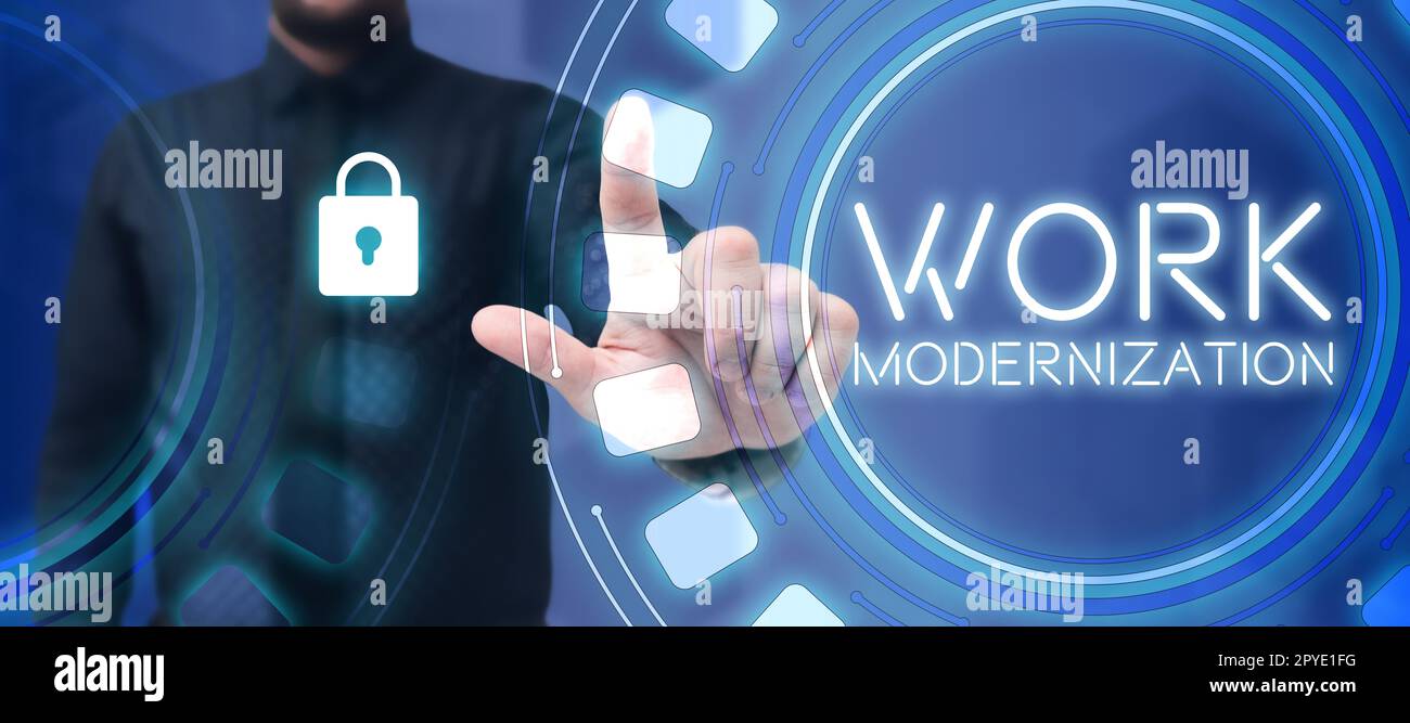 Hand writing sign Work Modernization. Word for changing product service ...