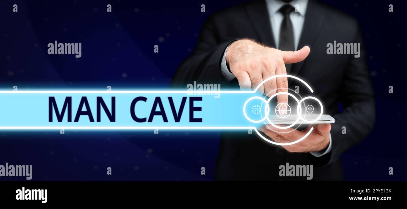 Text caption presenting Man Cave. Business overview a room, space or ...