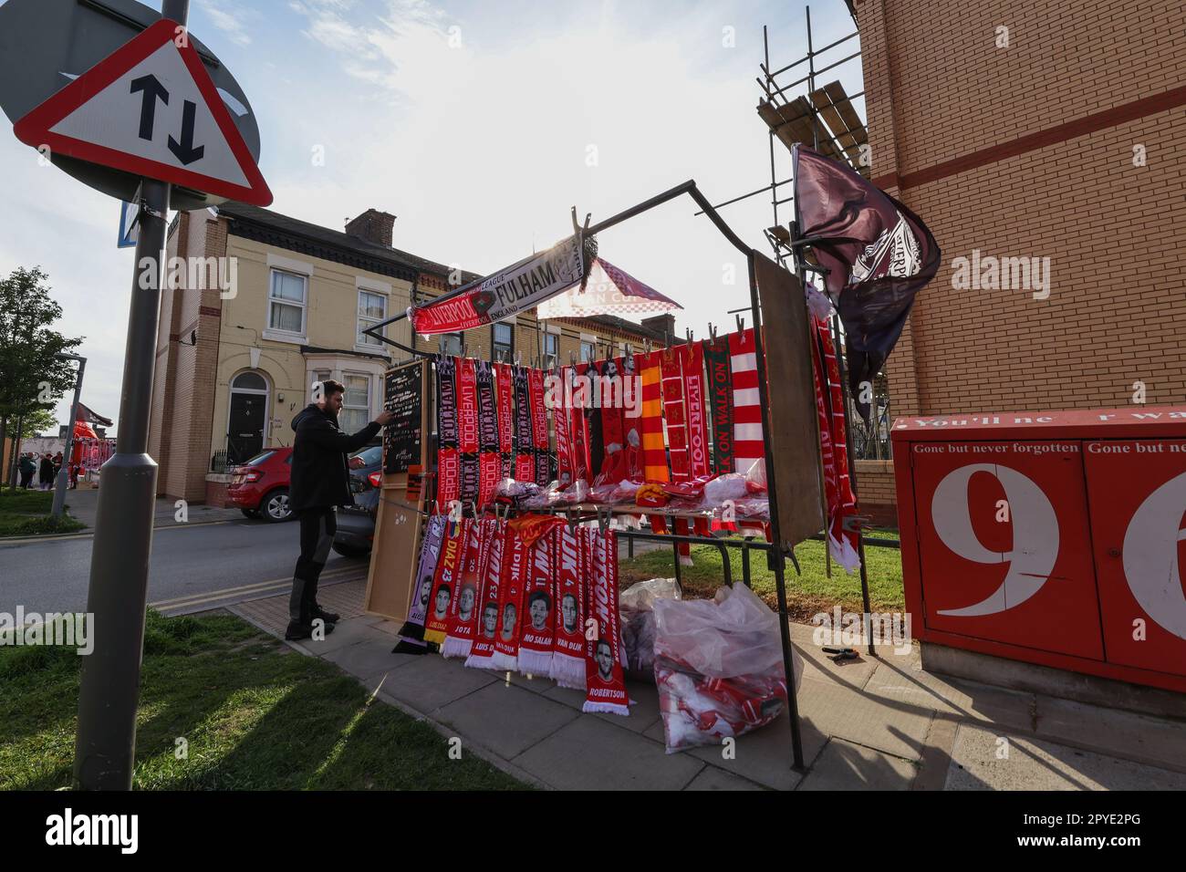 A scarf stall sets up outside of Anfield ahead up the Premier League ...