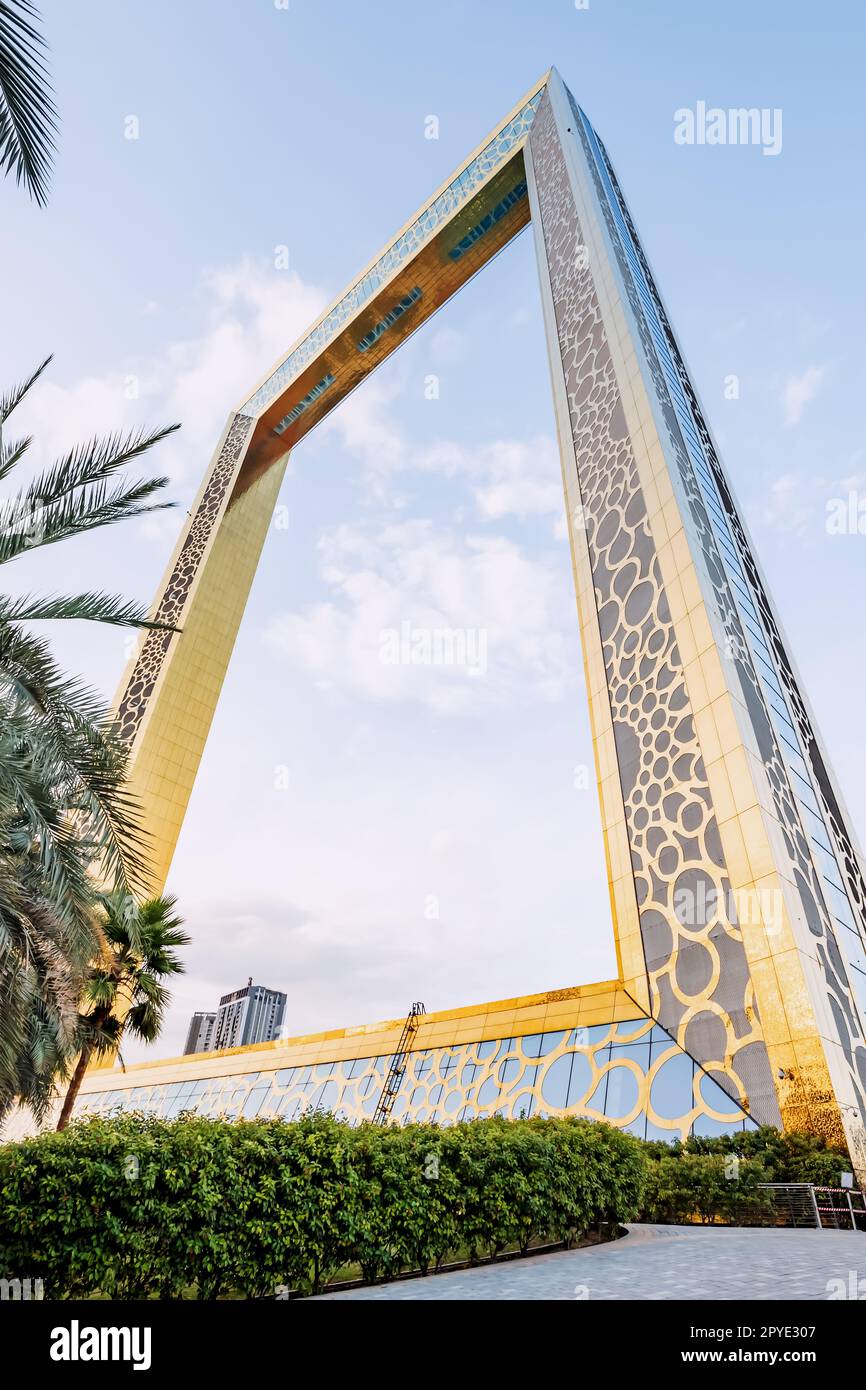 13 January 2023, UAE, Dubai: Dubai frame striking gold color and ...