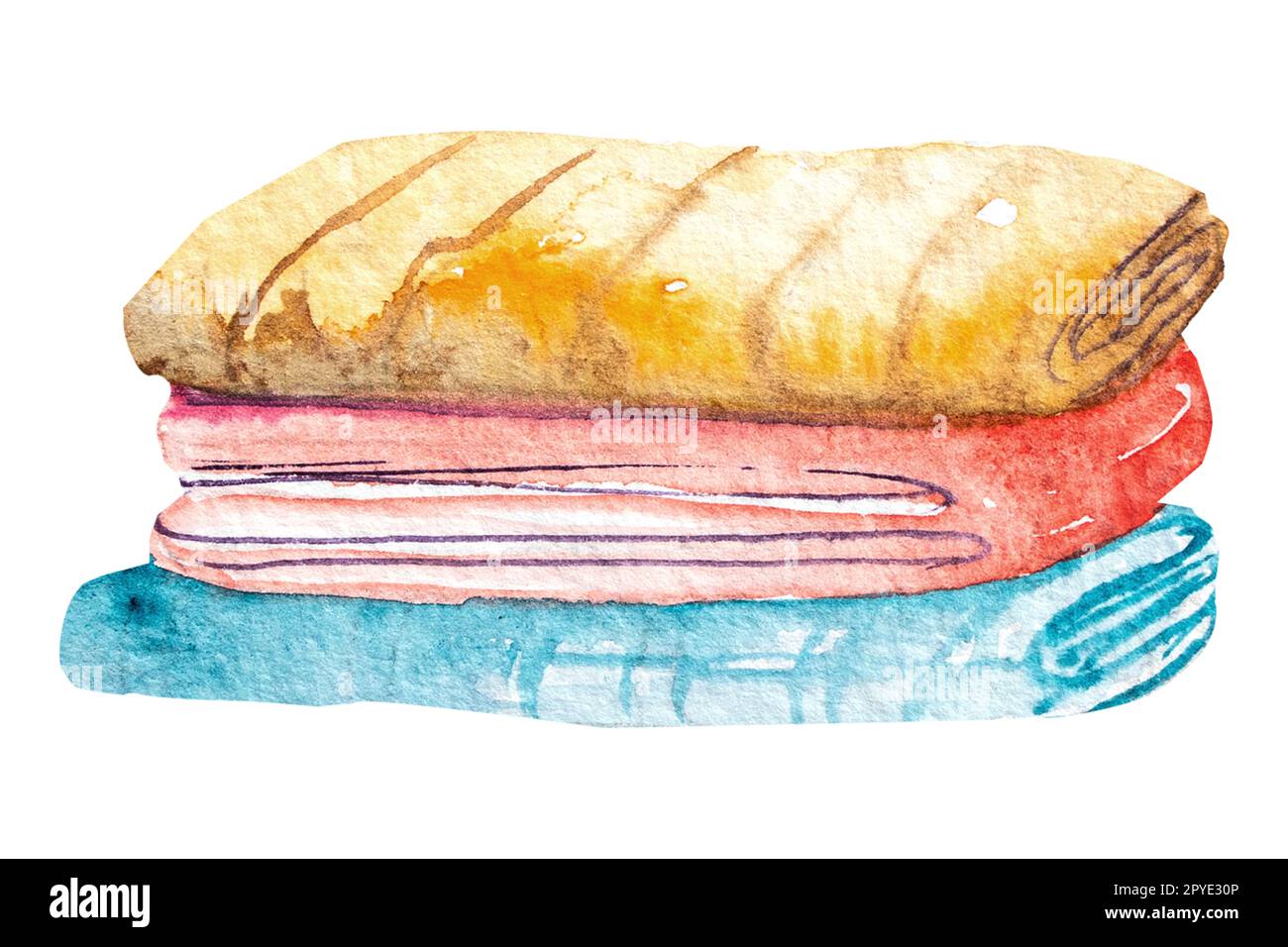 Watercolor illustration of a stack of things in different colors on a ...