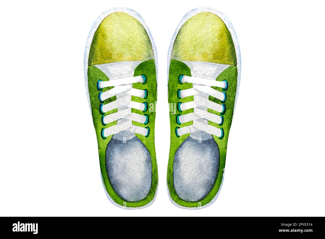 Watercolor illustration of stylish sneakers with a green insert ...