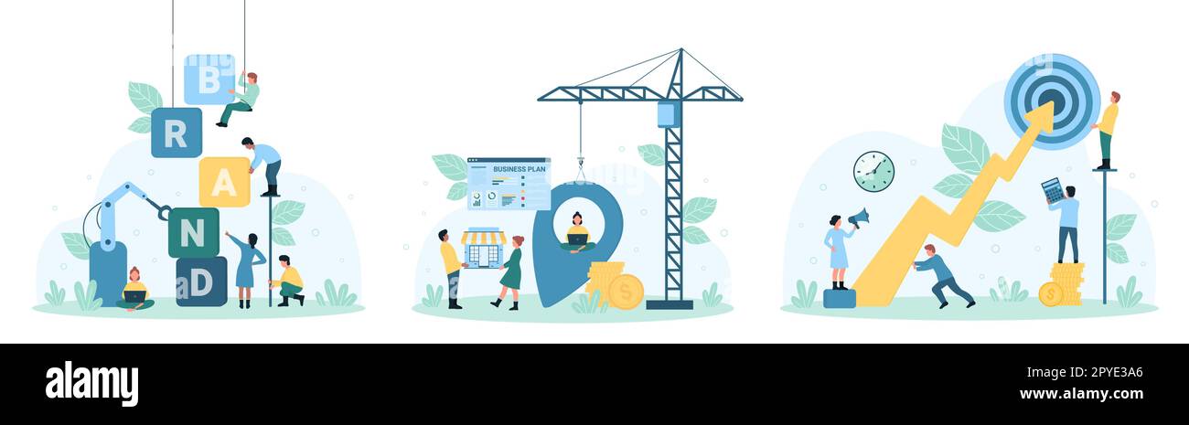 Brand strategy, success marketing set vector illustration. Cartoon tiny ...