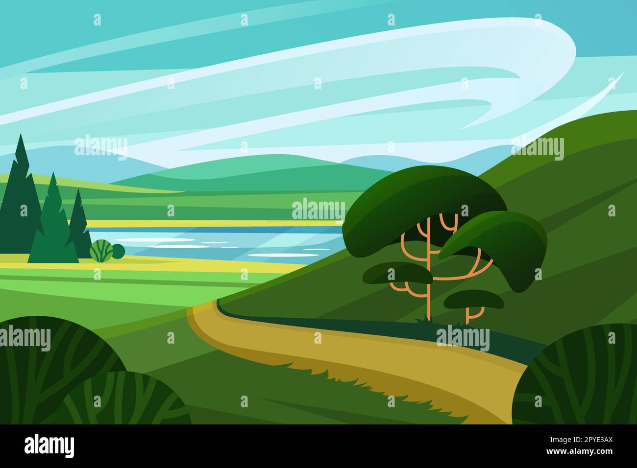 Green countryside landscape vector illustration. Cartoon cute panoramic ...