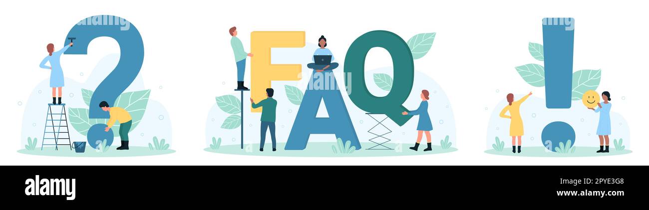 Frequently asked questions set vector illustration. Cartoon tiny man ...