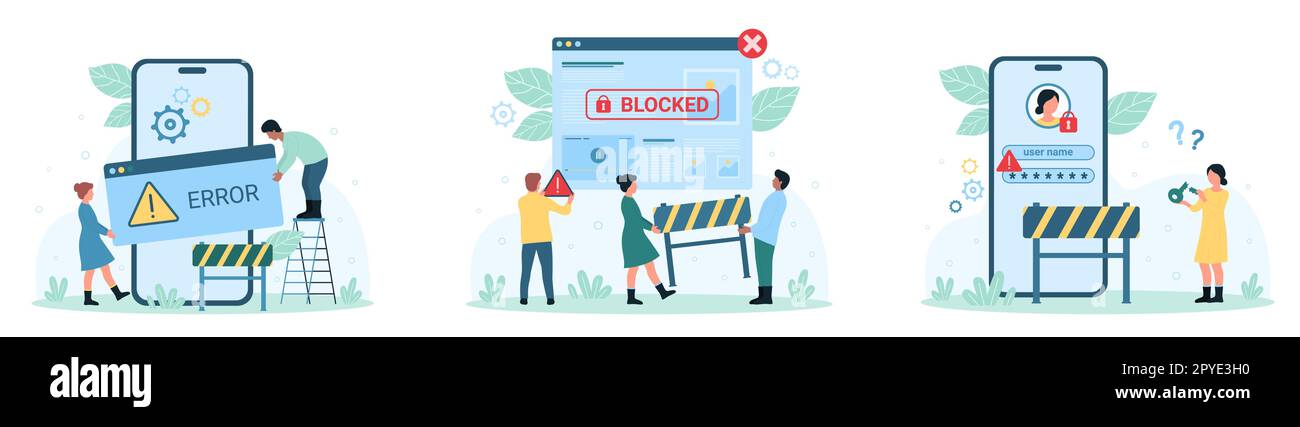 Network error, account block set vector illustration. Cartoon tiny ...