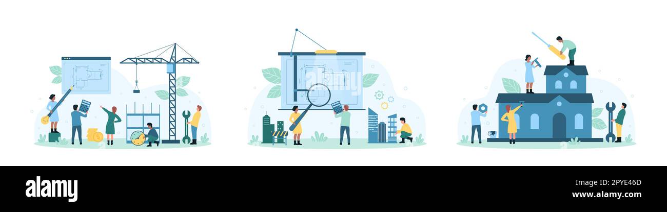 Architects job set set vector illustration. Cartoon tiny people draw ...
