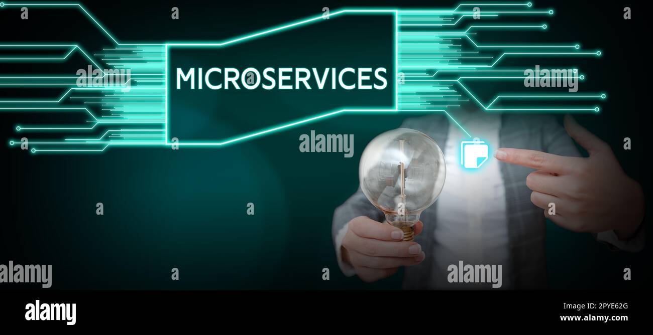 Text caption presenting Microservices. Internet Concept Software development technique Building ...