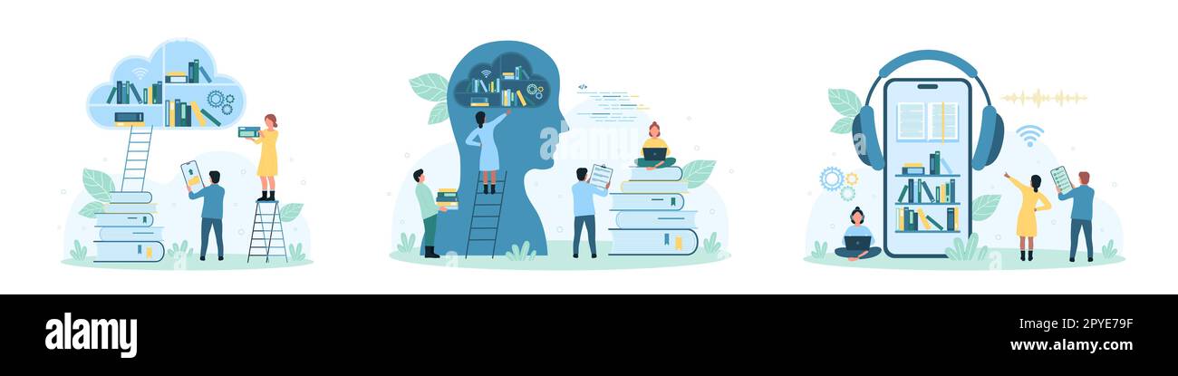 Digital library set vector illustration. Cartoon tiny people study with ...