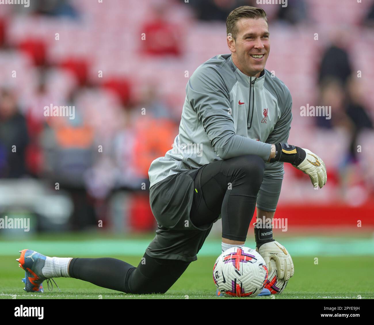 Adrián #13 of Liverpool during the pre-game warm up ahead of the ...