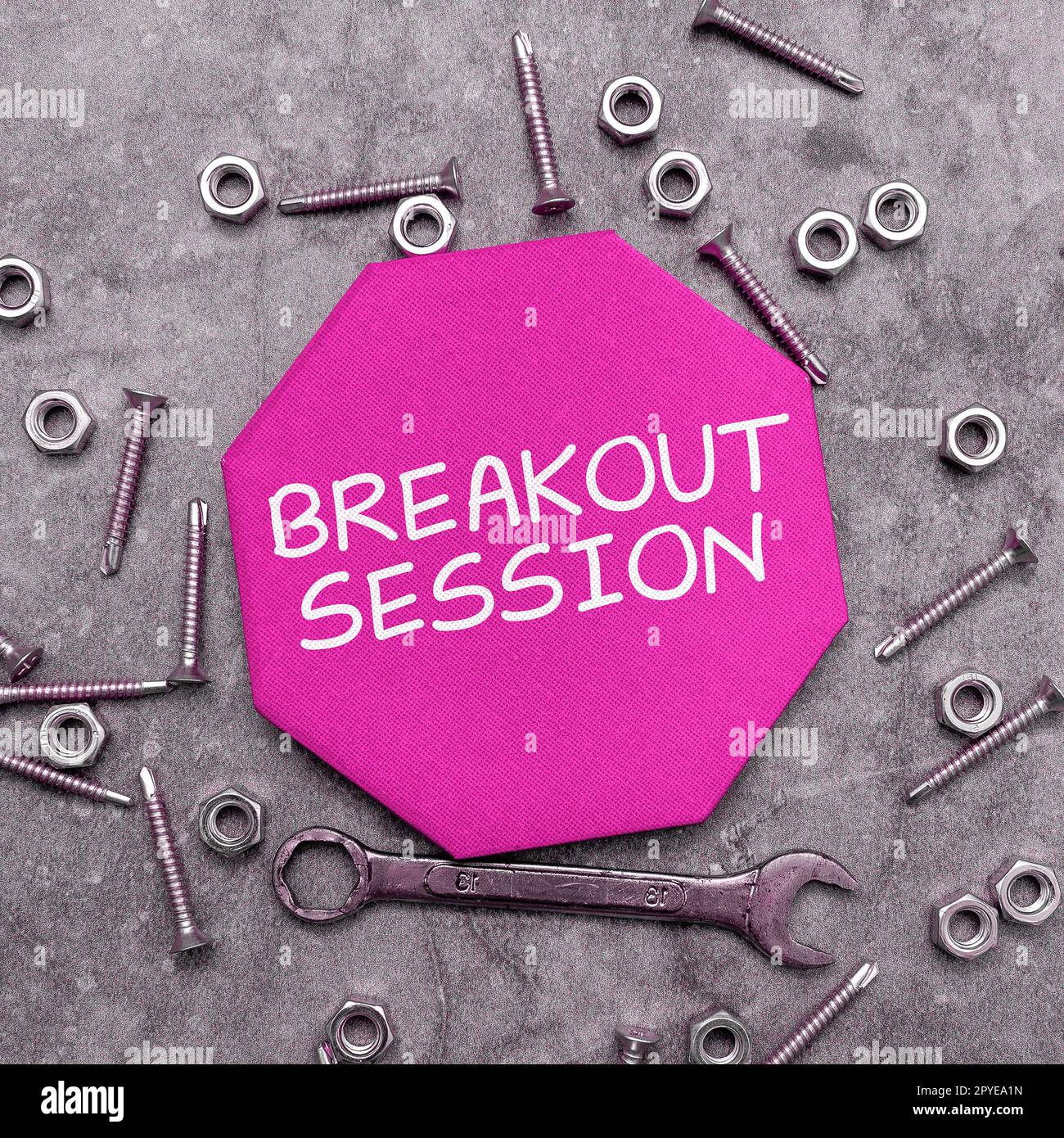 Sign displaying Breakout Session. Business showcase workshop discussion ...