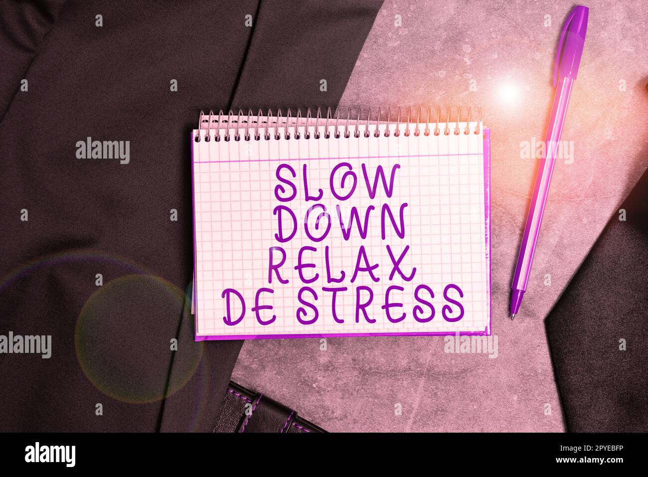 Hand writing sign Slow Down Relax De Stress. Word Written on Have a ...