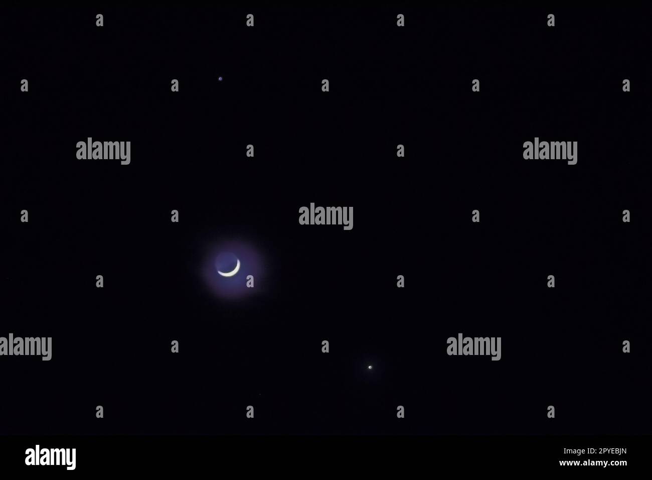 shining moon and two stars next to it at the black sky Stock Photo - Alamy