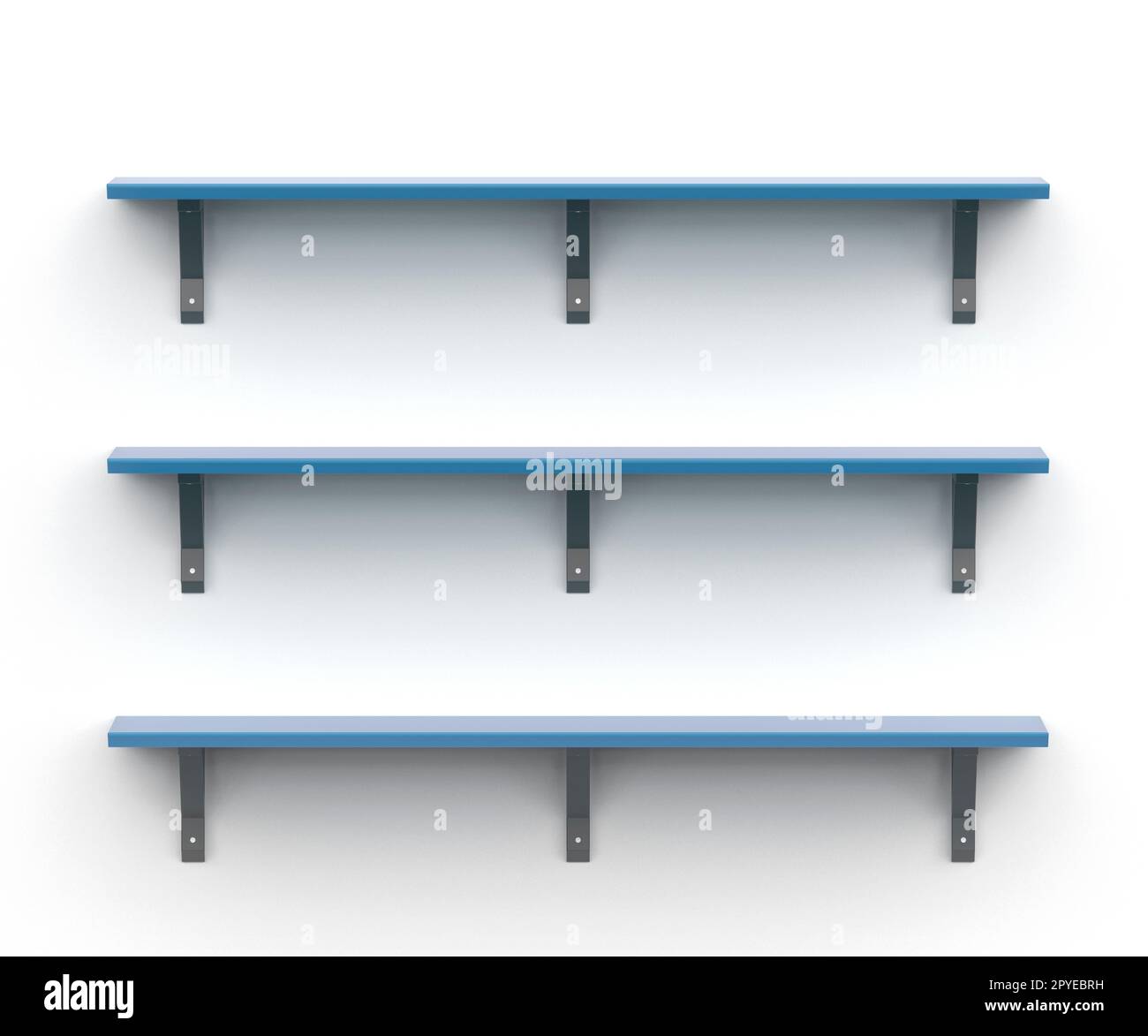 Three empty wooden shelves on the white wall, front view Stock Photo ...