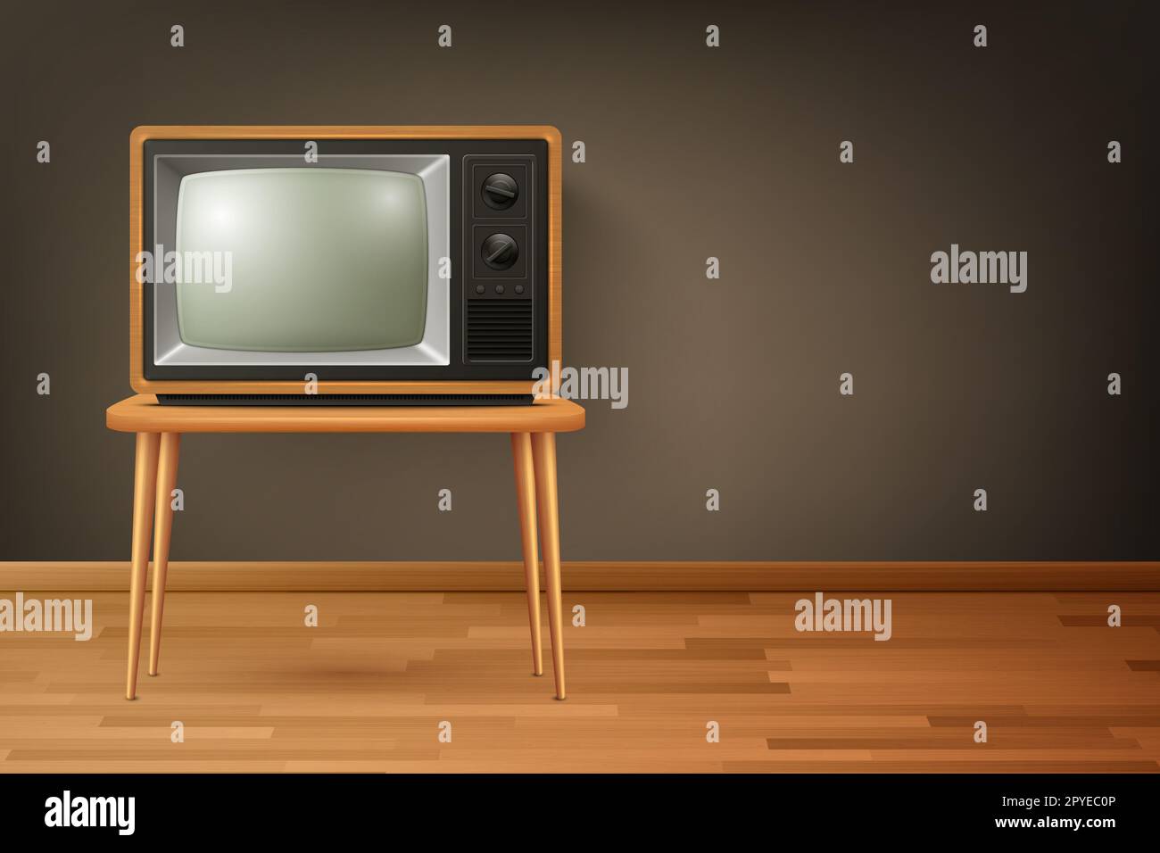 Vector 3d Realistic Retro TV Receiver on Wooden Floor. Home Interior ...