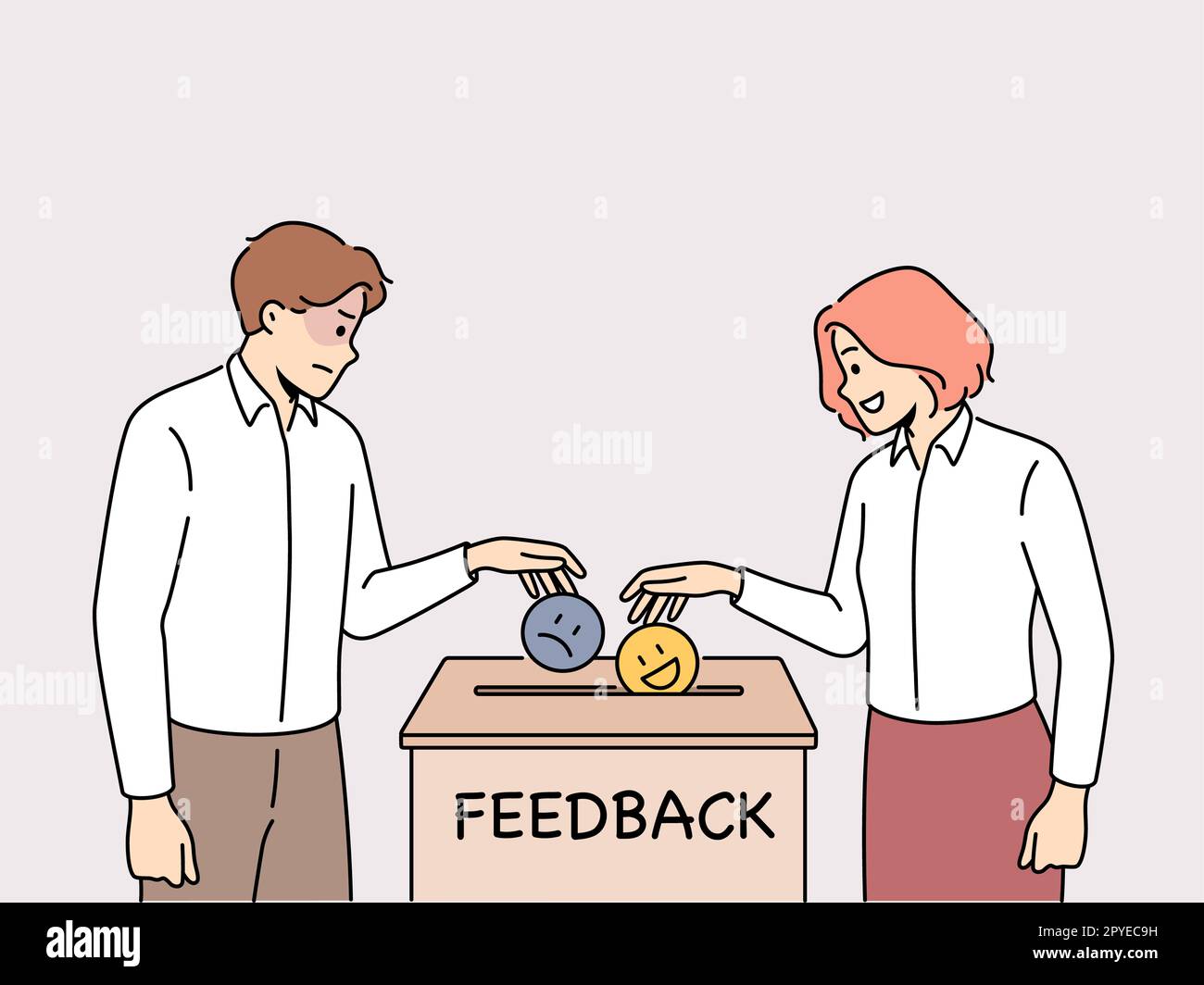 Man and woman throwing emojis into box give positive or negative ...