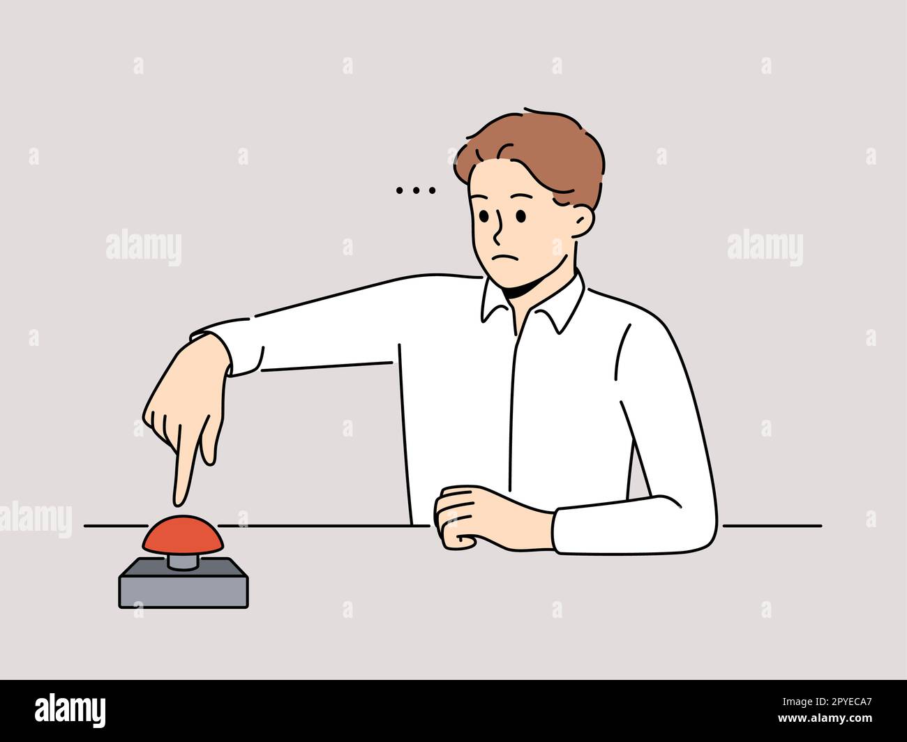 Frustrated man sit at desk push red button. Confused serious male press ...