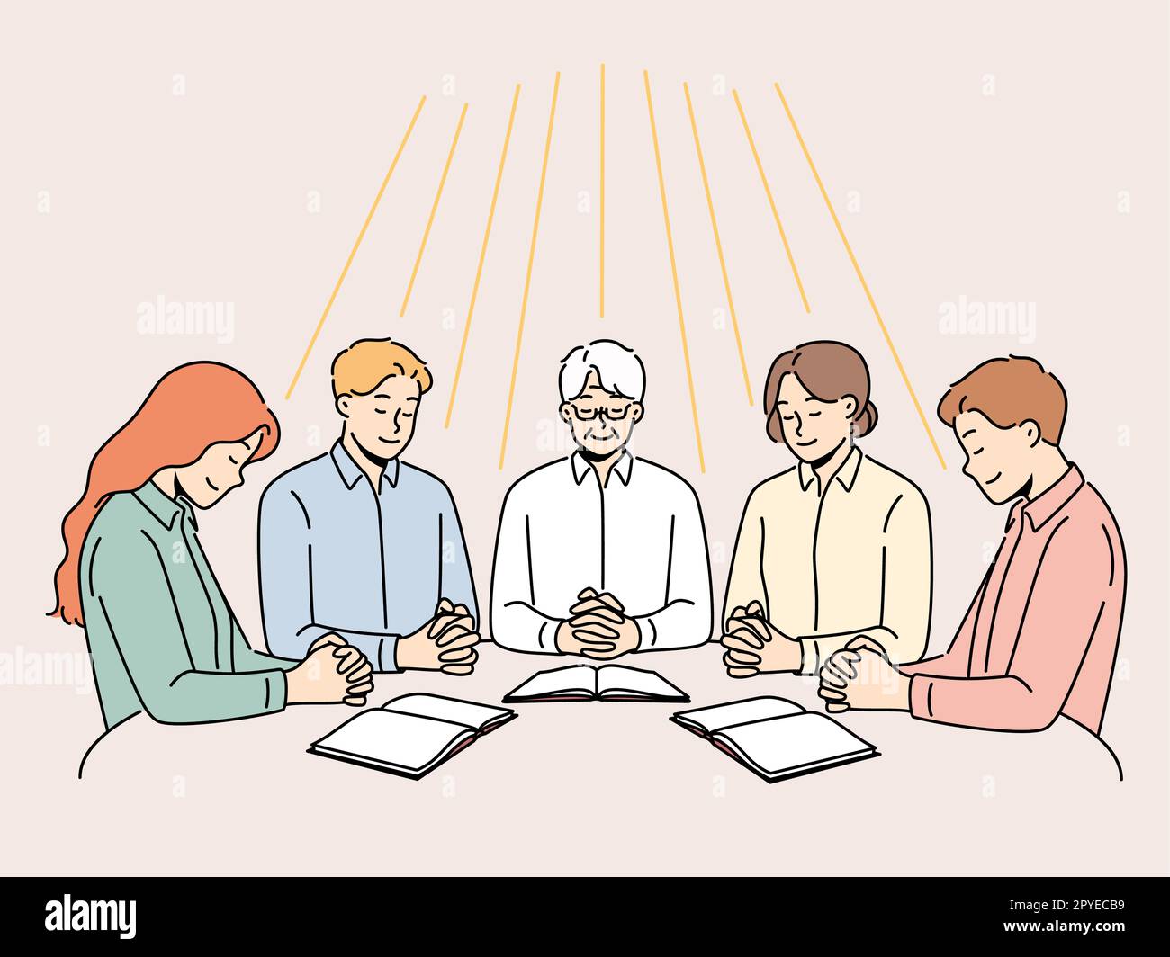 Group of diverse people sit at table praying together. Men and women ...