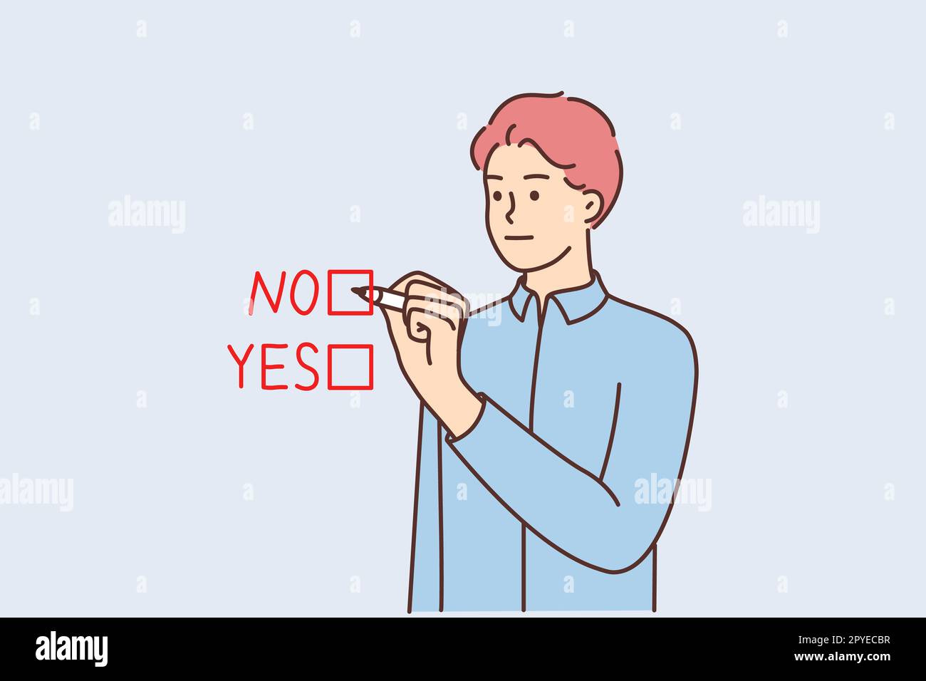 Frustrated man make choice check box. Confused male engaged in ...