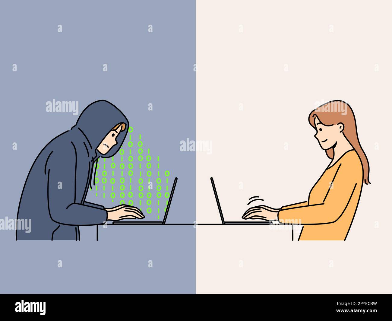 Woman chatting online on computer with male hacker. Man scammer ...