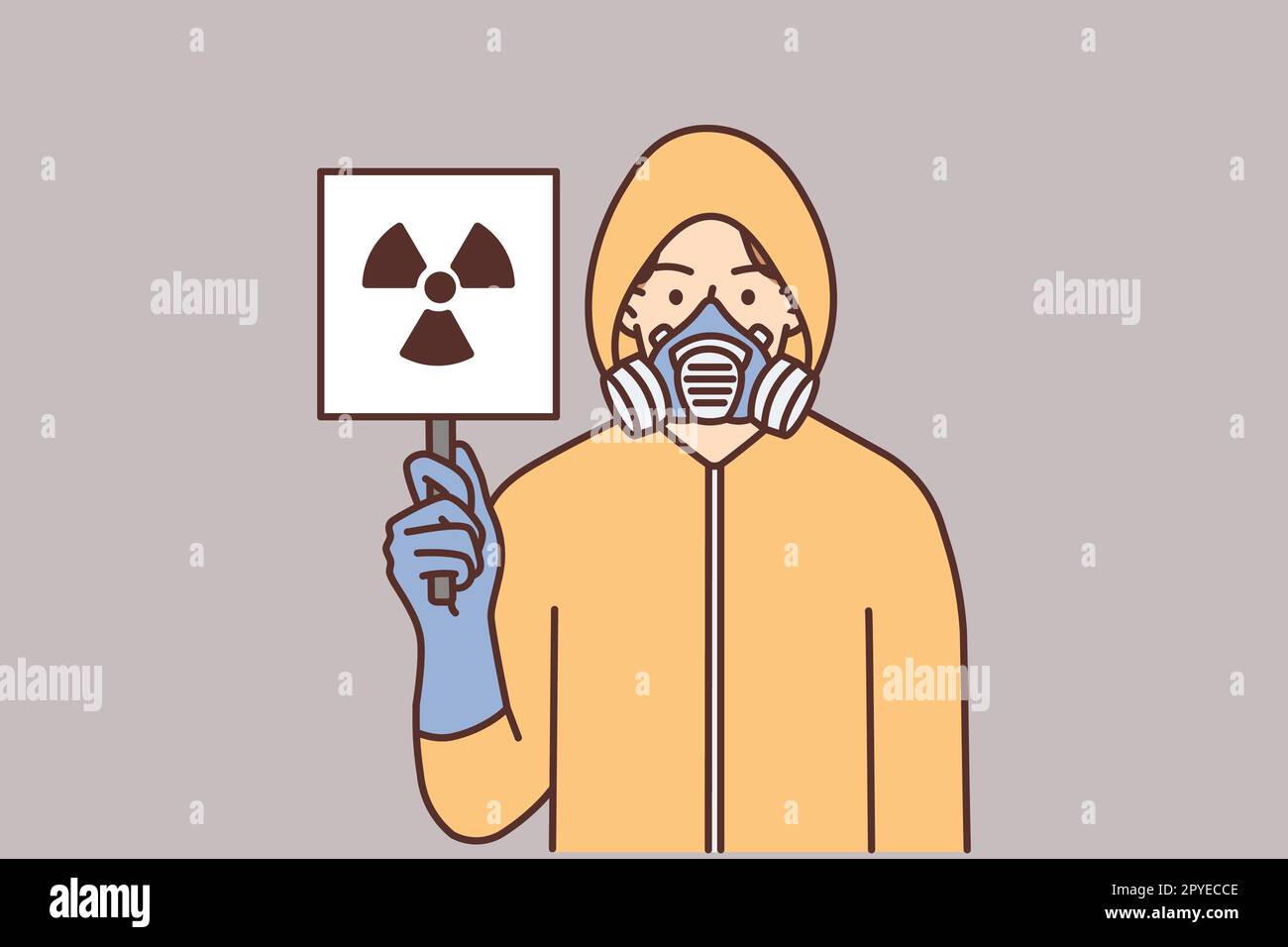 Man in protective uniform showing sign of radiation. Male in suit and ...