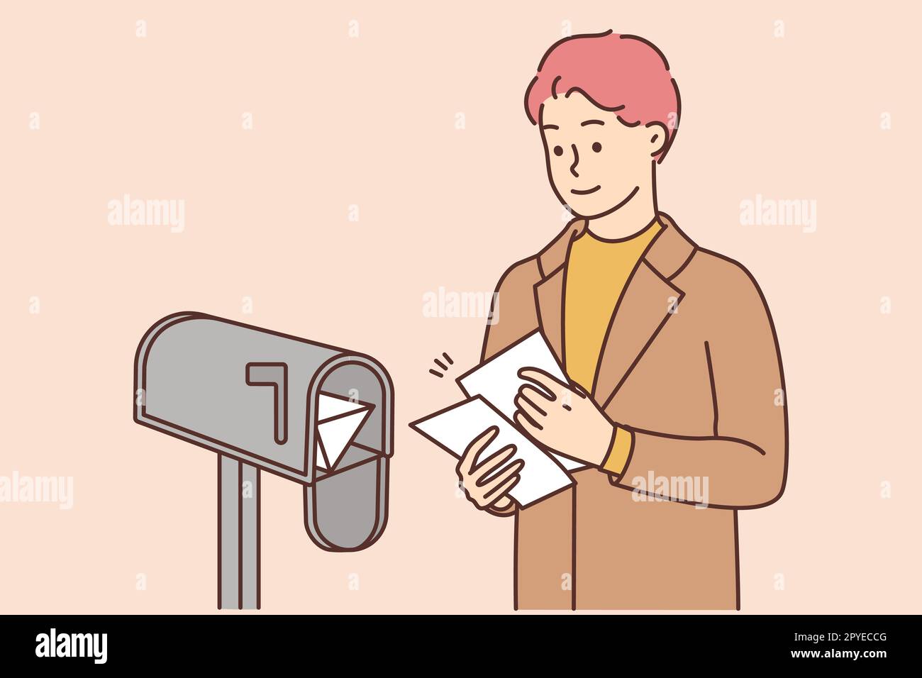Smiling man receive letters from letterbox near house. Happy guy get ...