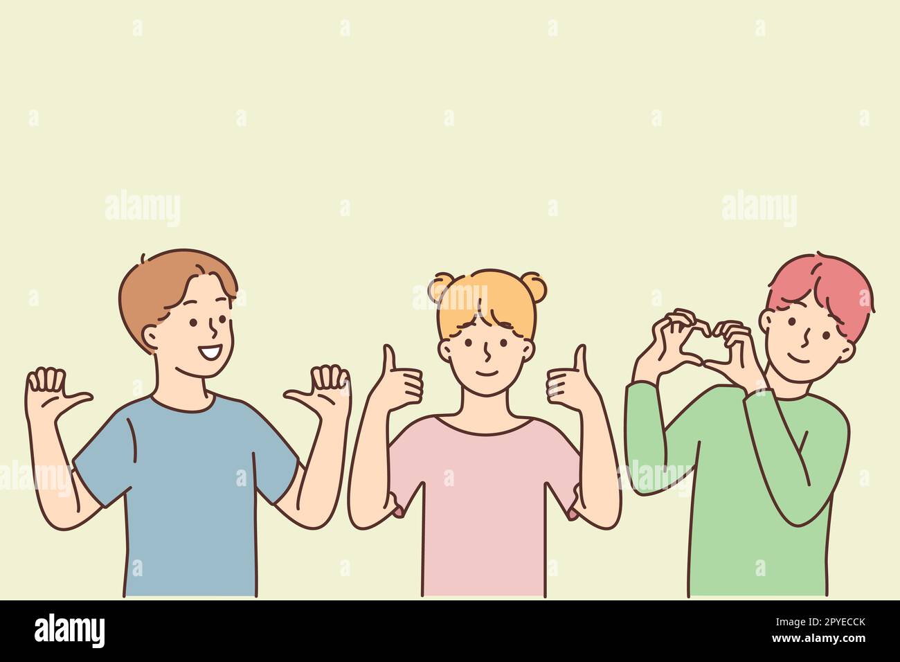 Smiling children showing different hand gestures. Happy kids ...