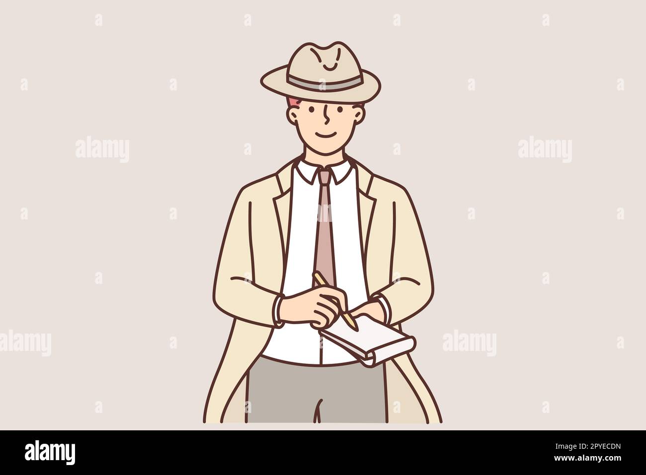 Smiling detective in trench coat and hat write in notepad. Happy male ...