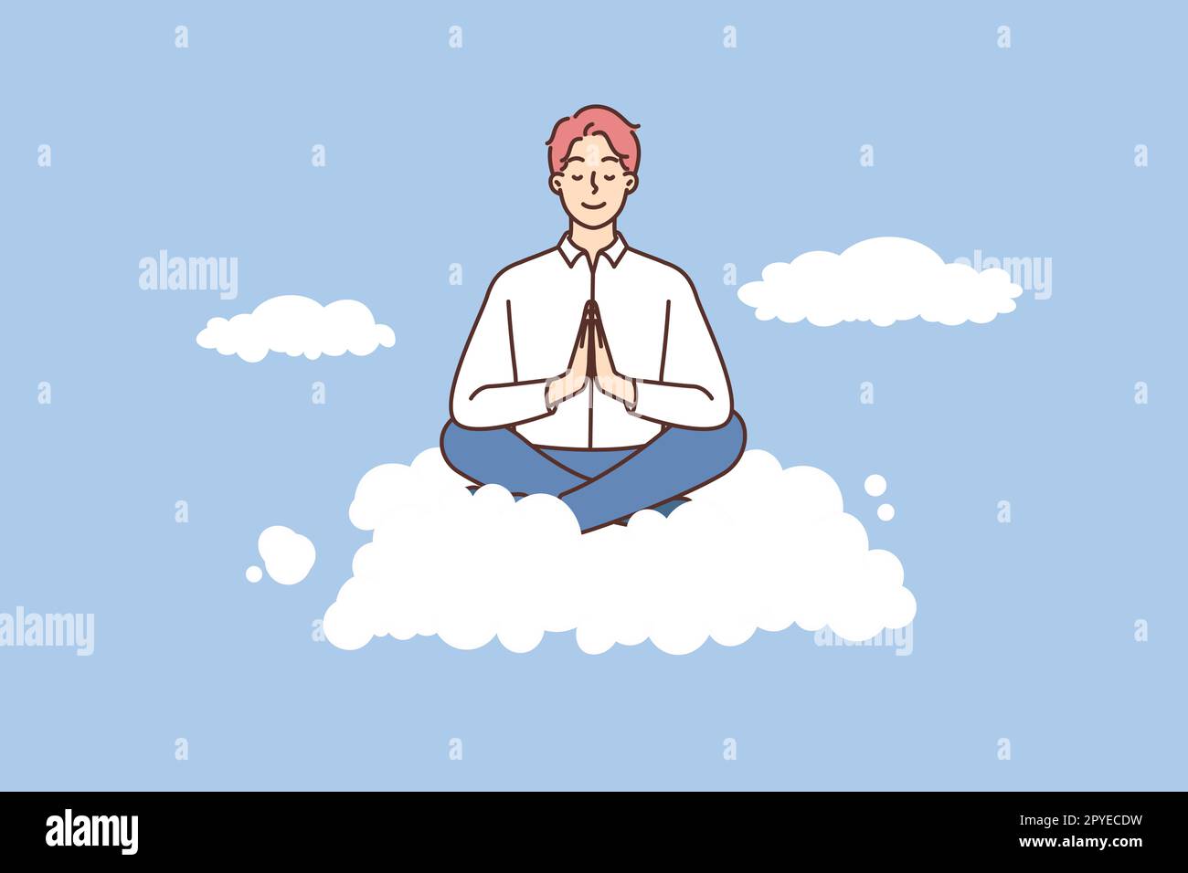 Calm businessman sit on cloud with mudra hands meditating. Smiling male ...