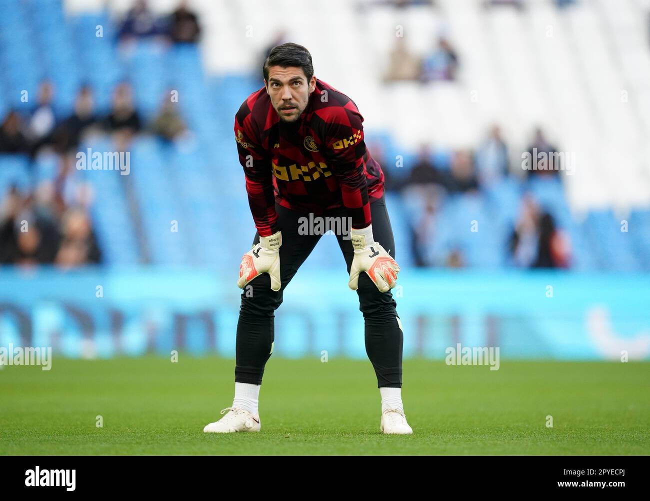 Manchester City goalkeeper Stefan Ortega warming up before the Premier ...