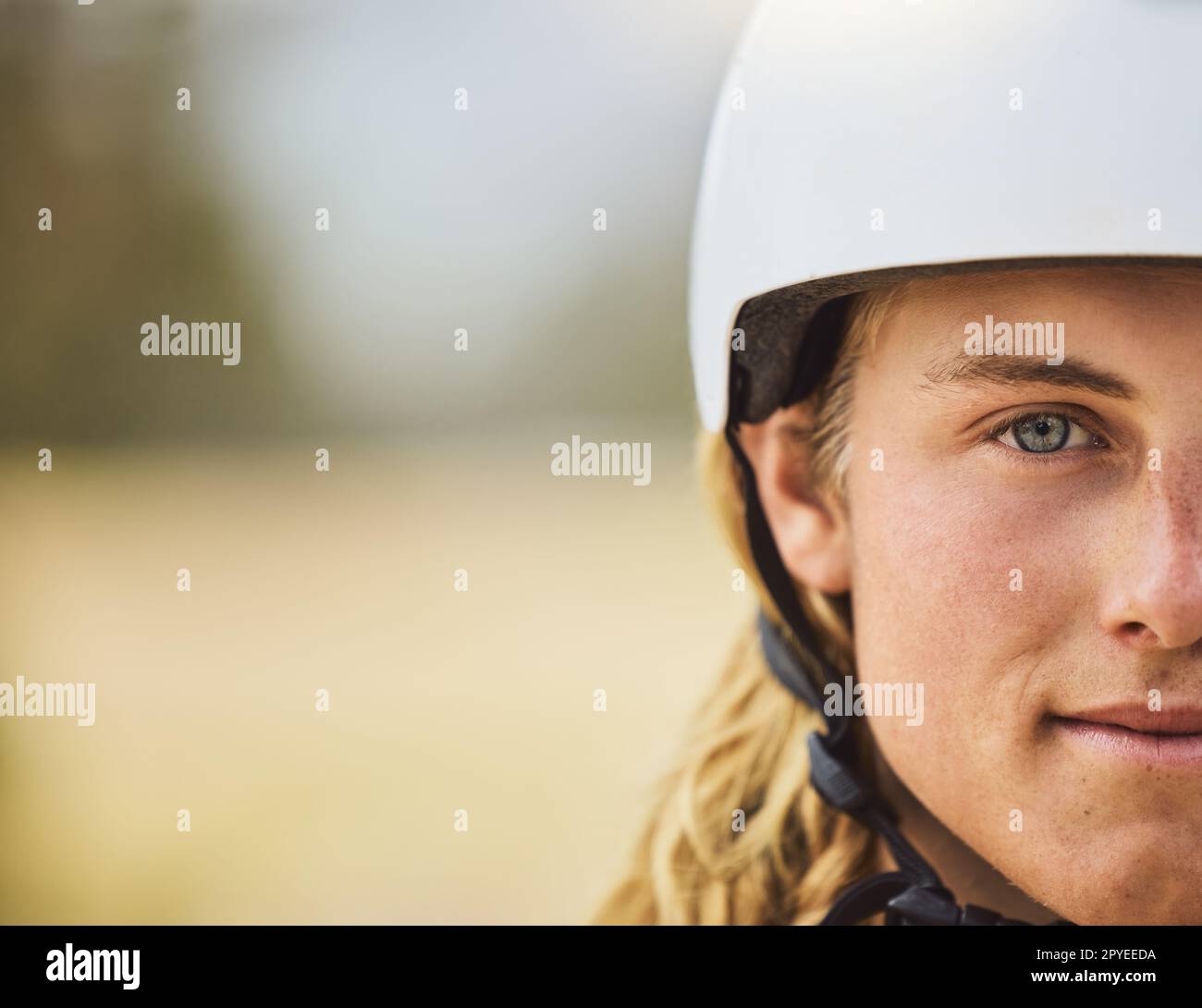 Cycling, mountain biking and half face of a man training for a race ...