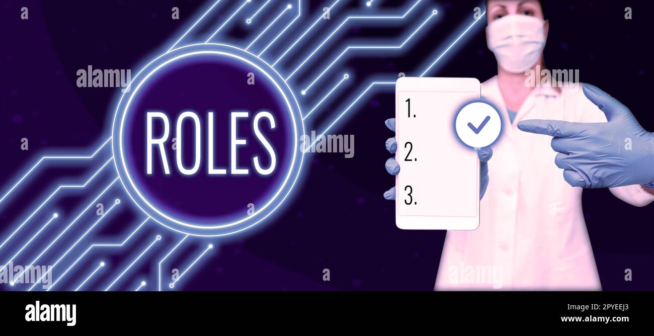 Sign displaying Roles. Business overview part played by person thing in ...