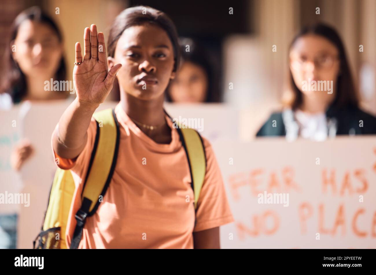 Hand, stop or black woman at a student protest for free public ...